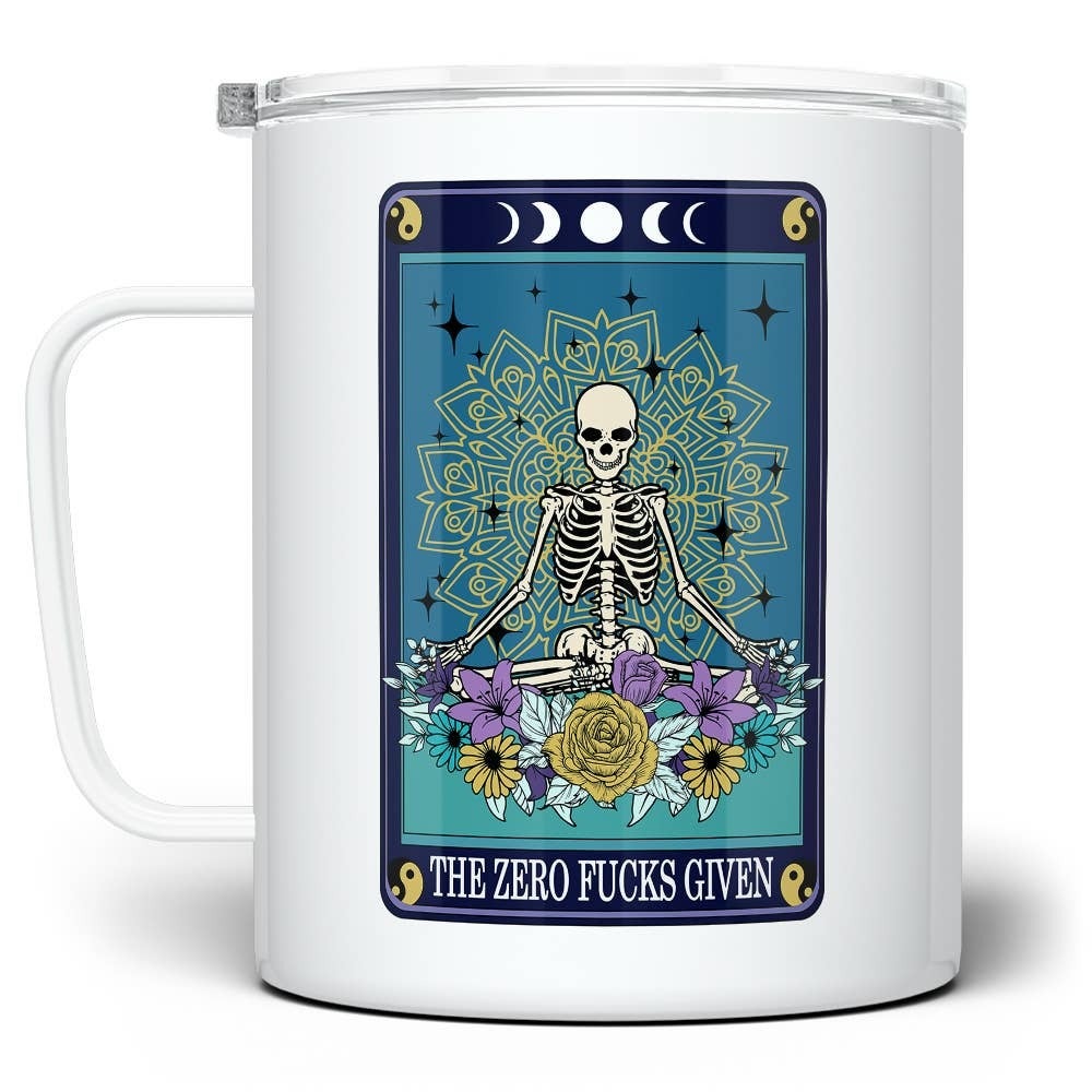 The Zero Fucks Given Skeleton Tarot Card Travel Mug: 12oz | Plantae The Zero Fucks Given Skeleton Tarot Card Travel Mug: 12oz | Plantae